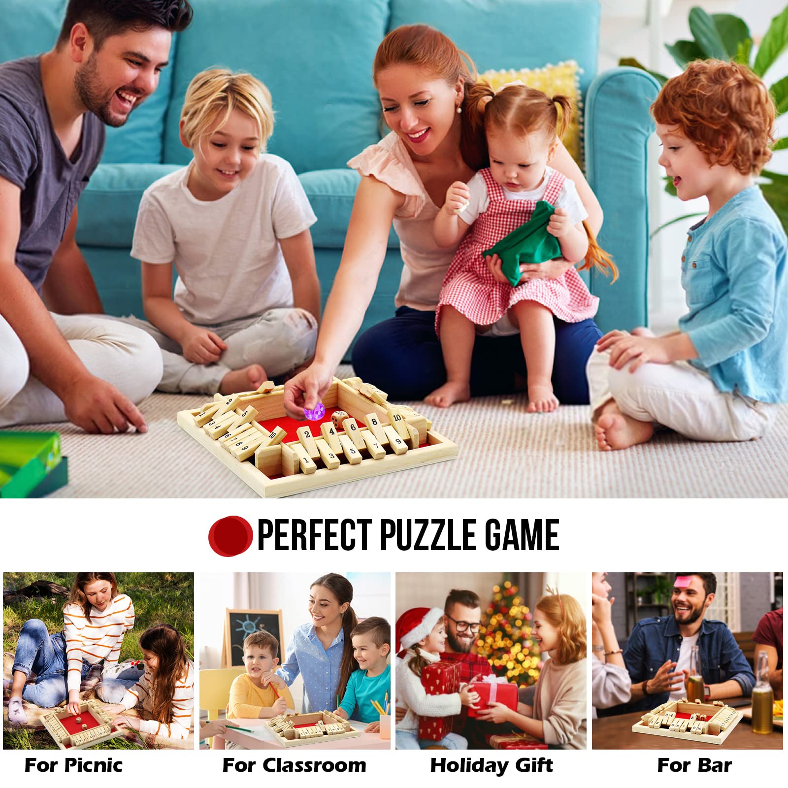 Dice Game Shut The Box Game Wooden Board Game with 10 Dices,a Classic 4 Sided Family Math Game for 2-4 Players Dice Board Game Shut-The-Box(Kids or Adults)