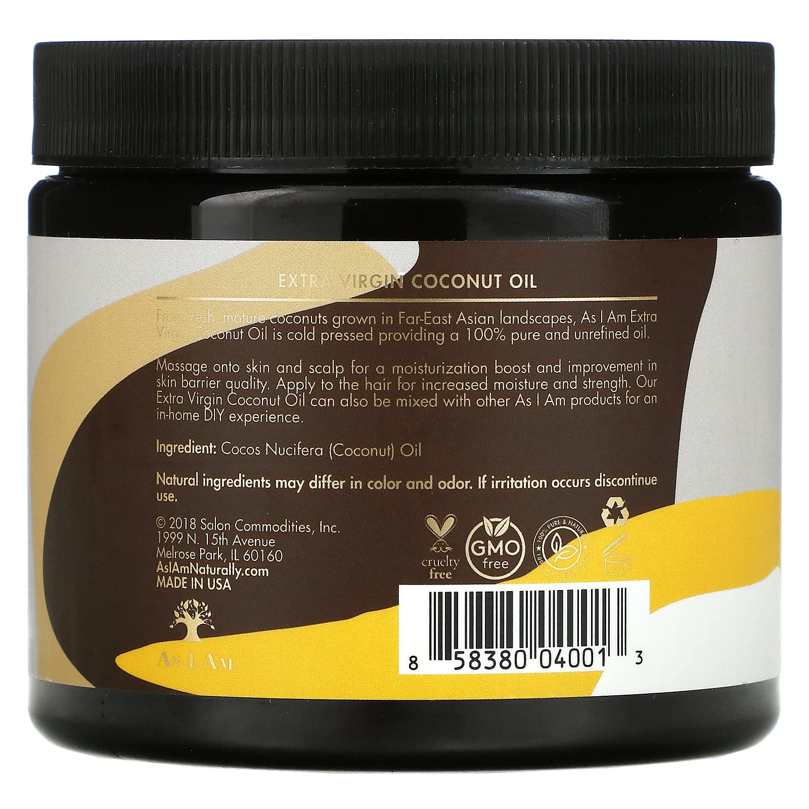 As I Am Pure Oils Extra Virgin Coconut Oil - 15 ounce - Cold Pressed - 100% Pure and Unrefined Cocos Nucifera Oil - Sourced from Fresh Coconuts Flown in from Far East Asia