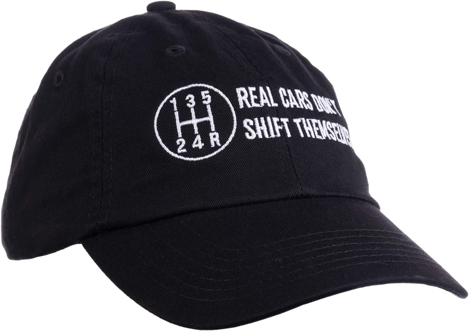 Ann Arbor T-shirt Co. Real Cars Don't Shift Themselves | Funny Auto Racing Mechanic Manual Baseball Cap Dad Hat Black