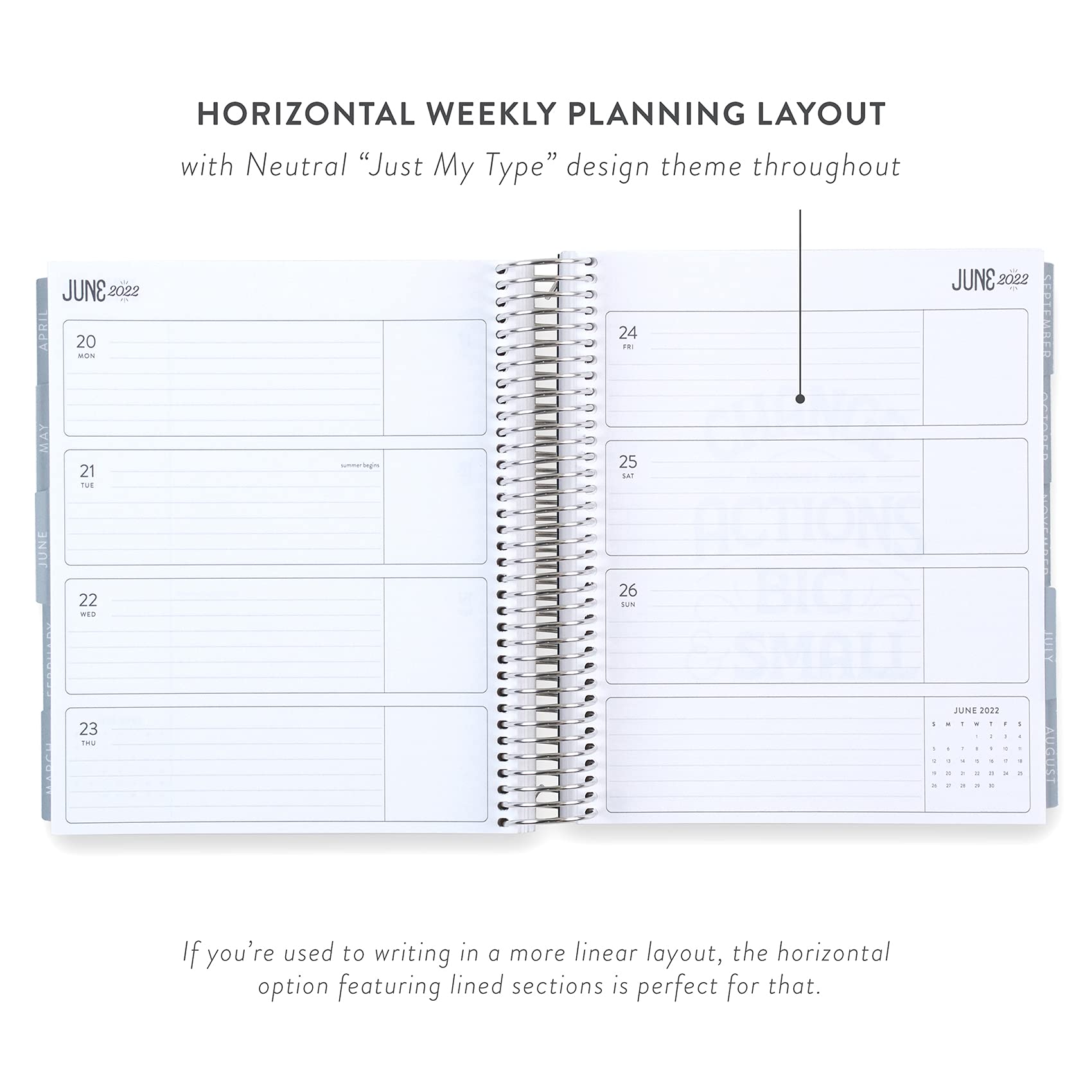 7” x 9” 12 Month Spiral Bound Life Planner ( Jan 2022 – Dec 2022 ) – Lavender Vegan Leather Cover + Just My Type Neutral Interior Pages. Horizontal Weekly and Monthly Agenda by Erin Condren