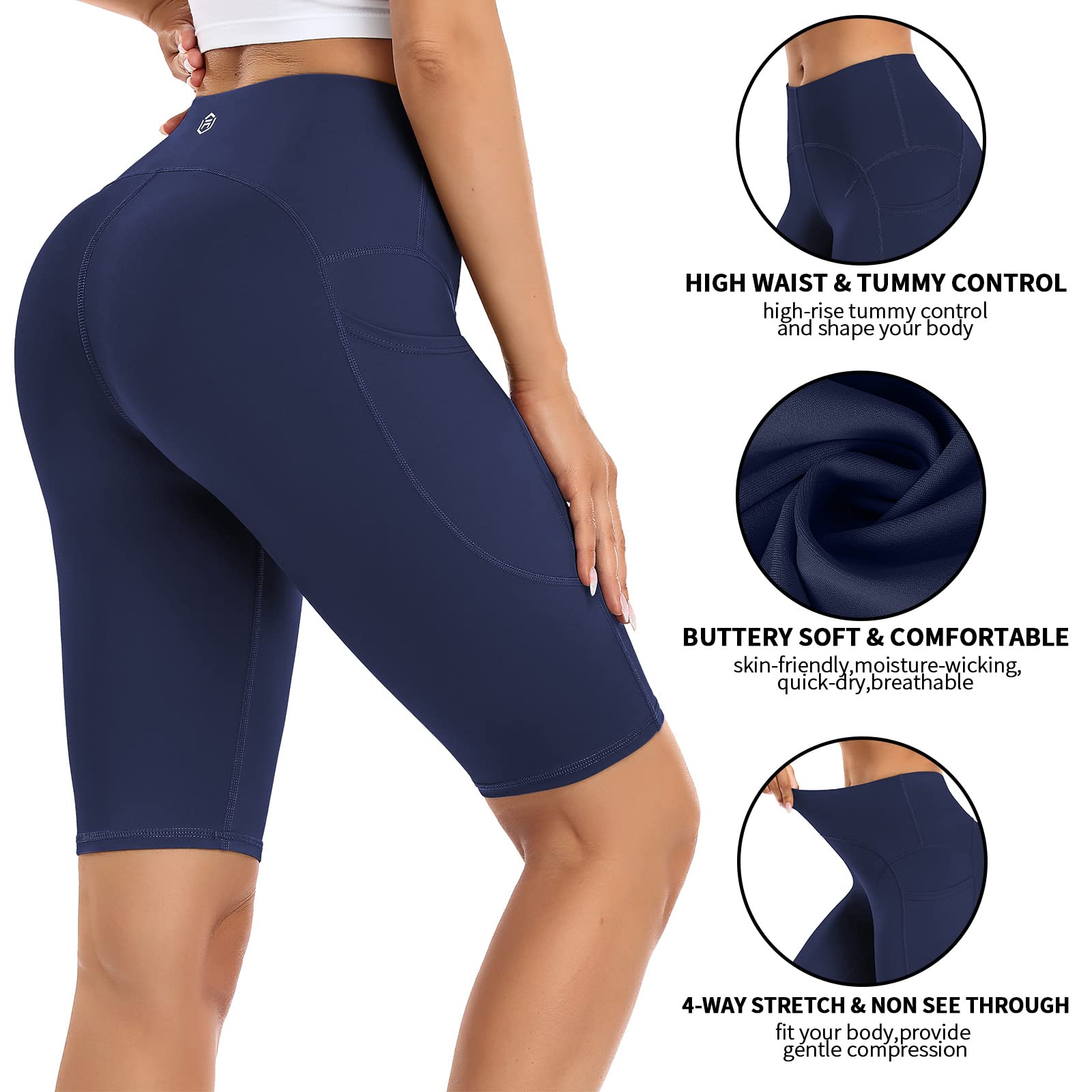 ATTRACO Biker Shorts with Pockets for Women High Waisted Tummy Control Workout Tights Shorts Blue