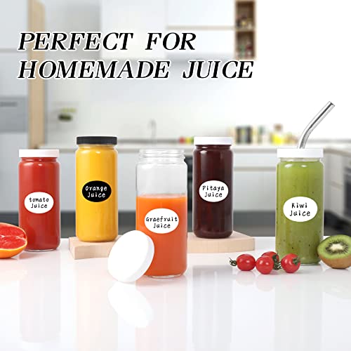 Glass Juice Bottles for Juicing, Airtight Lids & 4 Straws & 4 Lids w Hole, 16 oz Jars with Lids, Reusable Travel Water Cups, 12 Labels for Smoothies, Tea, Milk, Homemade Beverage (6 Pack, Black Lids)
