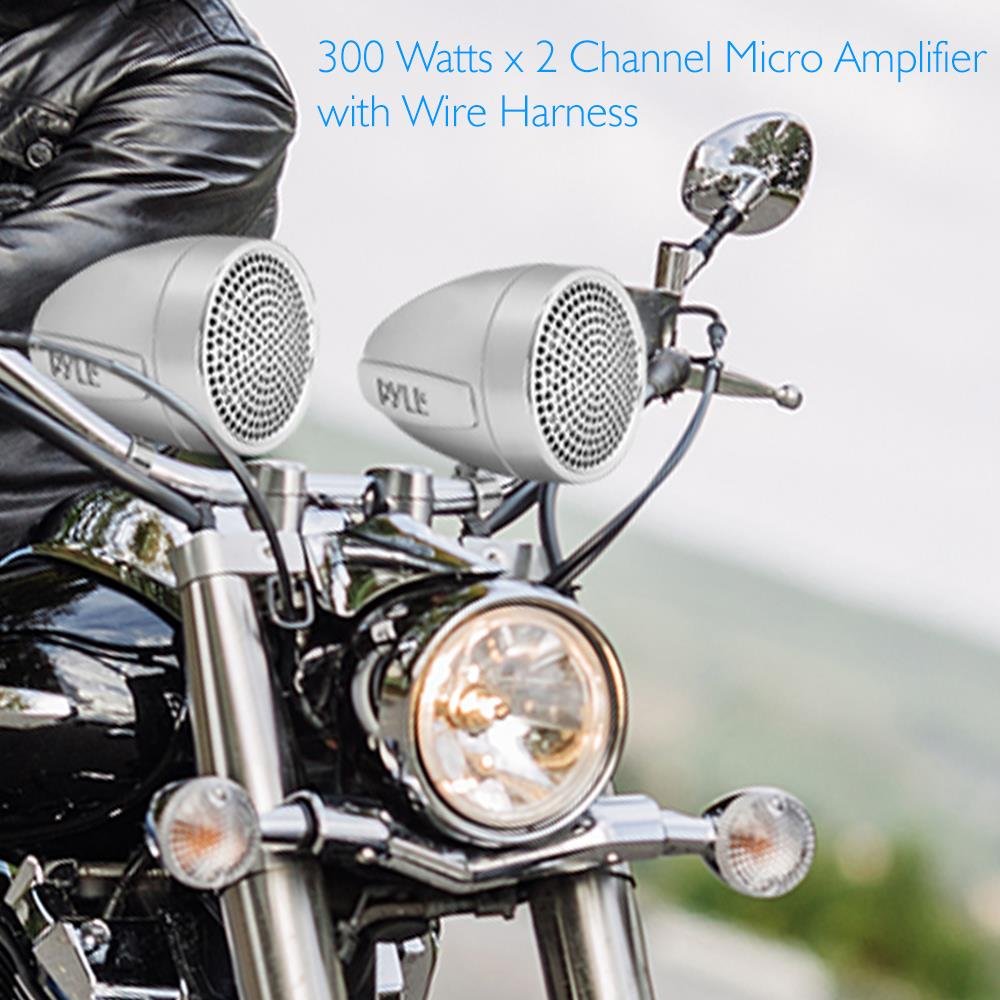 Pyle 600 Watt Weatherproof Motorcycle Speaker and Amplifier System w/Two 2.25 Inch Waterproof Speakers, AUX - Handlebar Mount ATV Mini Stereo Audio Receiver Kit Set - Also for Marine Boat - PLMCA62BT