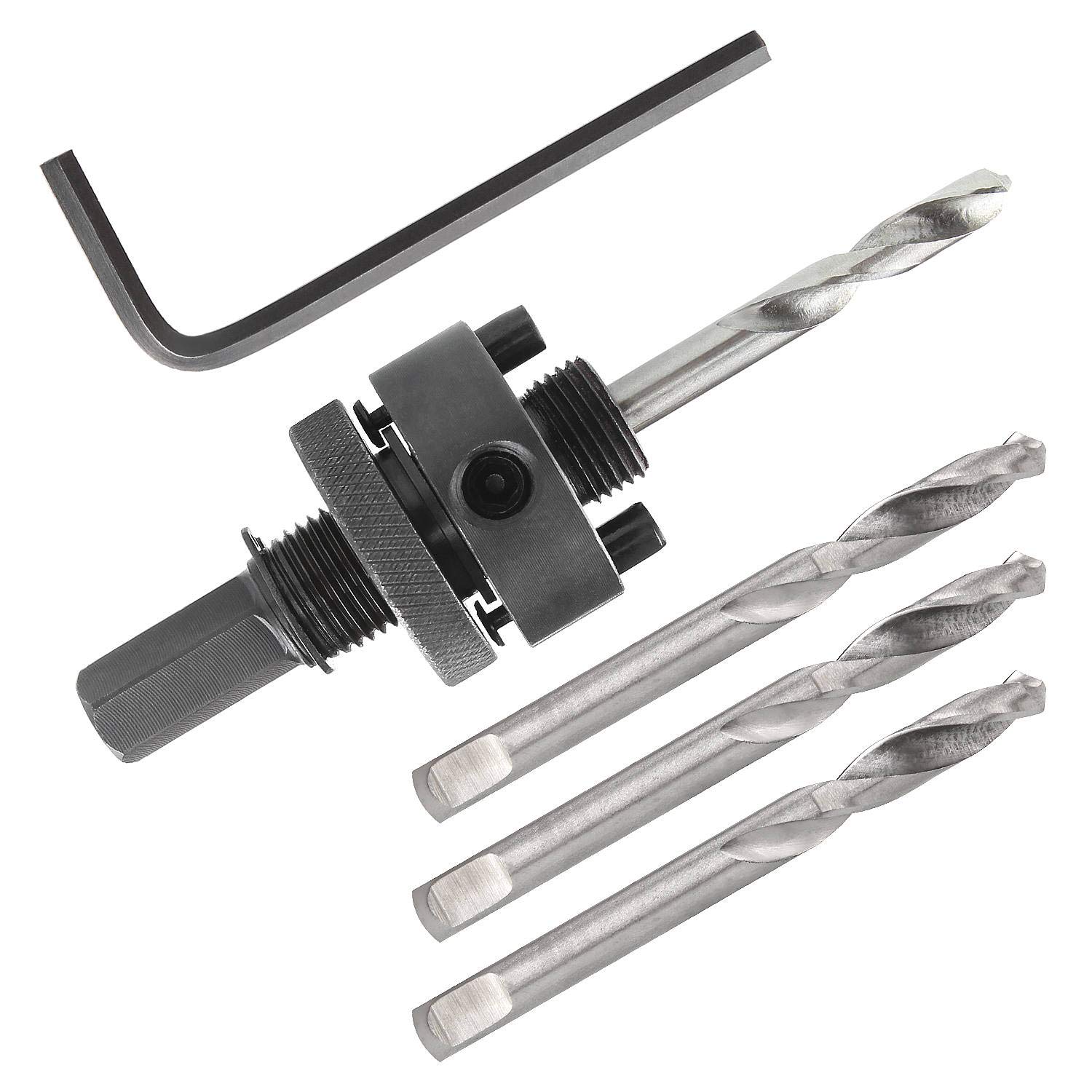 7/16” Hex Shank Hole Saw Arbor, Fits 1-1/4” to 6” Hole Saw Quick Change Heavy Duty Alloy-Steel Mandrel with 3 BONUS 1/4” Precision Drill Bits Replacement