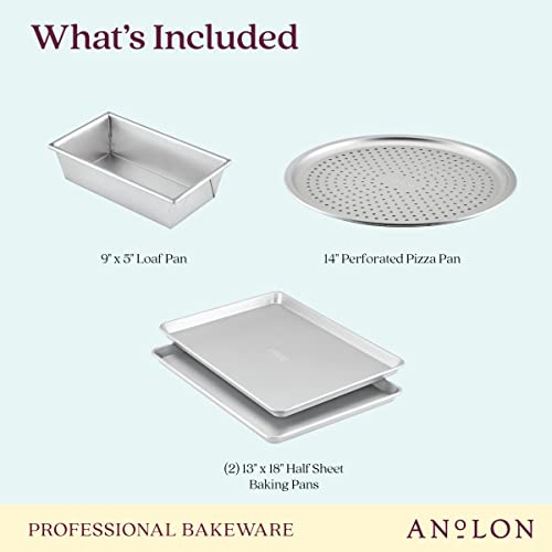Anolon Pro-Bake Aluminized Steel Bakeware Set, Includes Cookie Pans, Loaf and Pizza Pan, 4 Piece - Silver