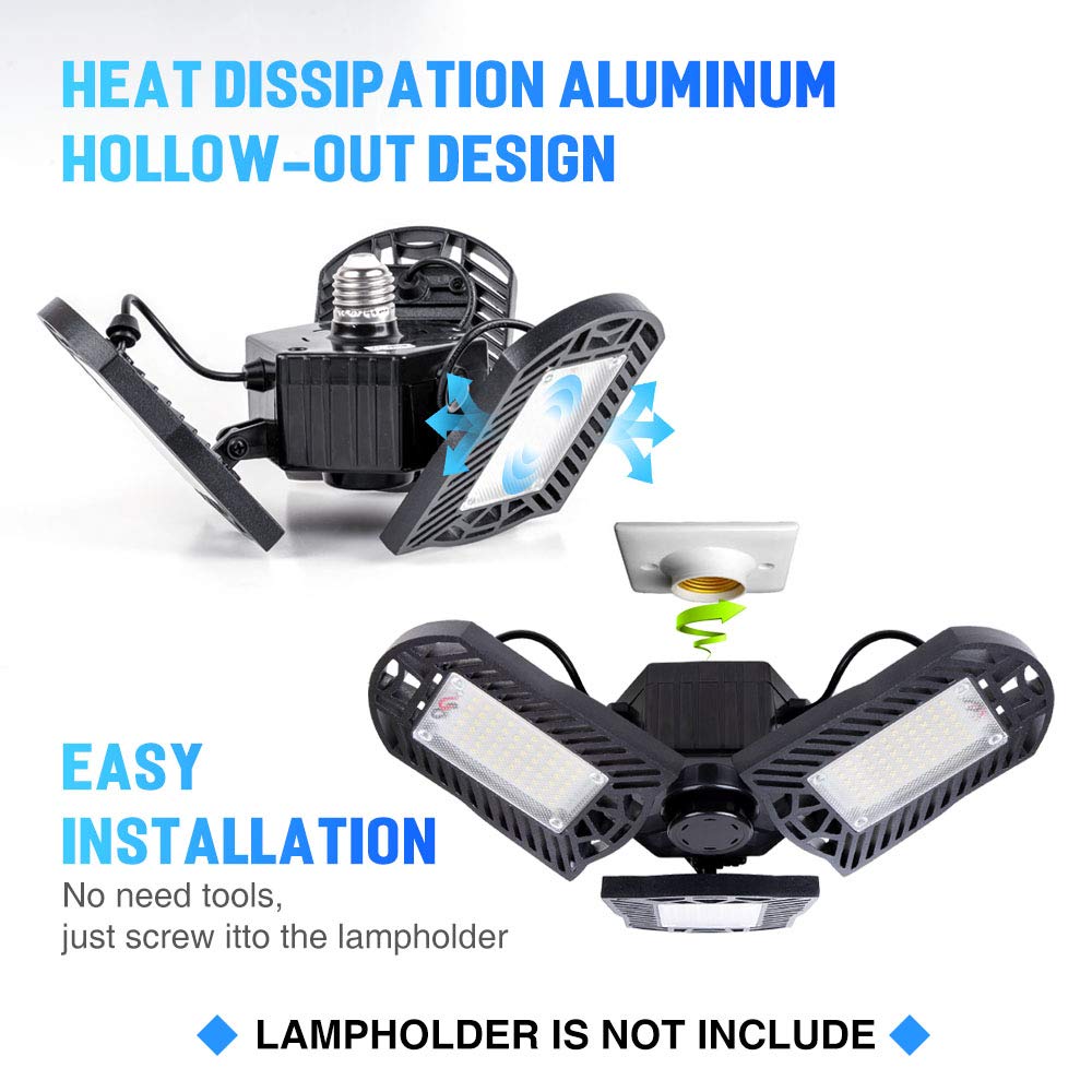 ALUOCYI Led Garage Light with Remote Control, 80W Deformable Garage Light with 3 Adjustable LED Panels, 8000 Lumens, 6500K Daylight, E26/E27 Super Bright Bulb for Warehouse, Barn, Workshop, Yard