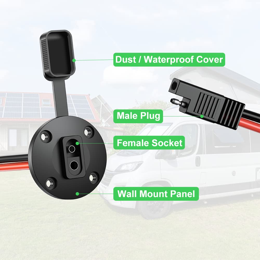Bateria Power SAE Connector Power Socket Sidewall Port, 10AWG Cable Weatherproof Cable Quick Connect Panel Mount Universal Flush Mount Adapter for Solar Generator Battery Charger (2 Pack)