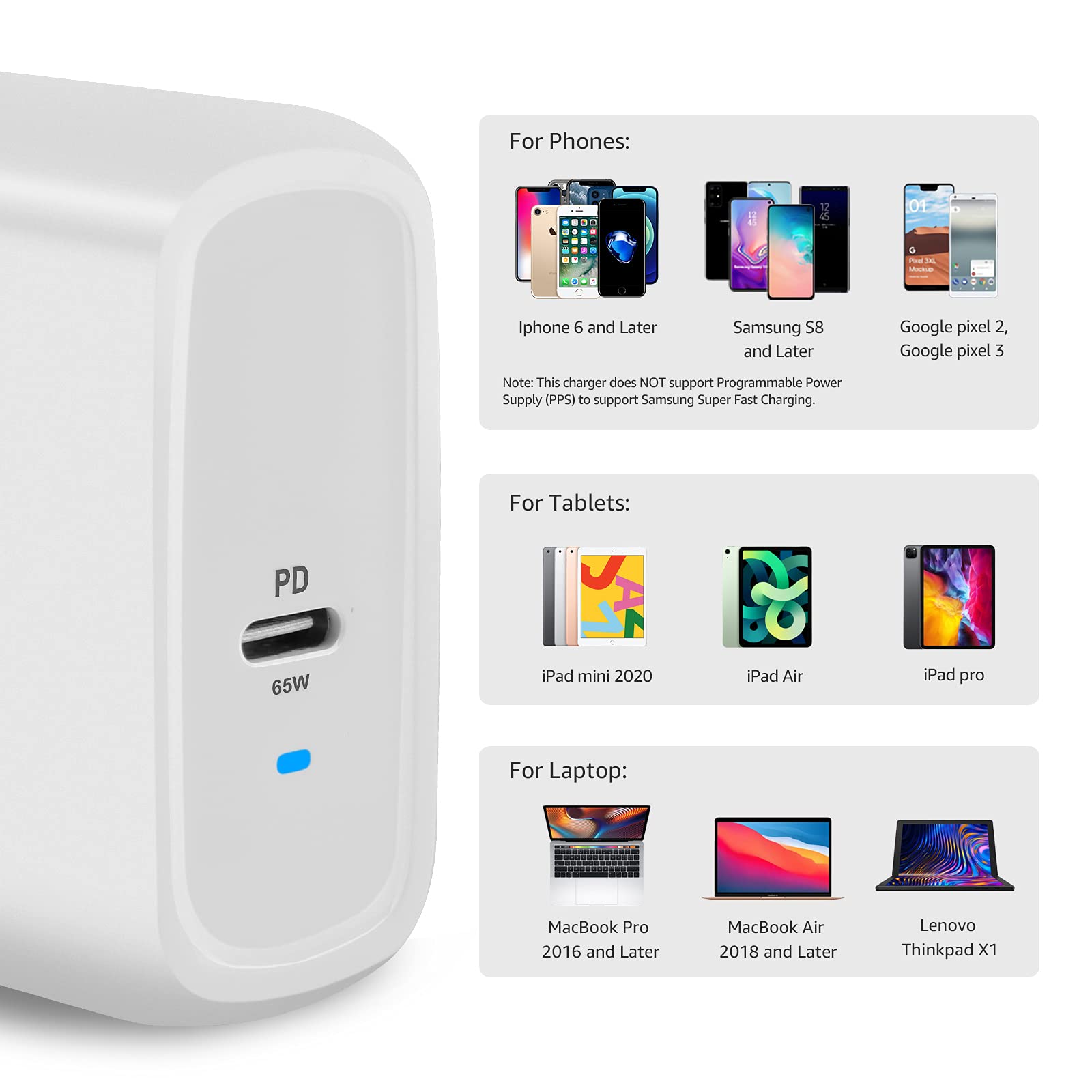 Amazon Basics 65W One-Port GaN USB-C Wall Charger with Power Delivery PD for Laptops,Tablets & Phones (iPhone 15/14/13/12/11/X, iPad, MacPro, Samsung, and more), non-PPS, White