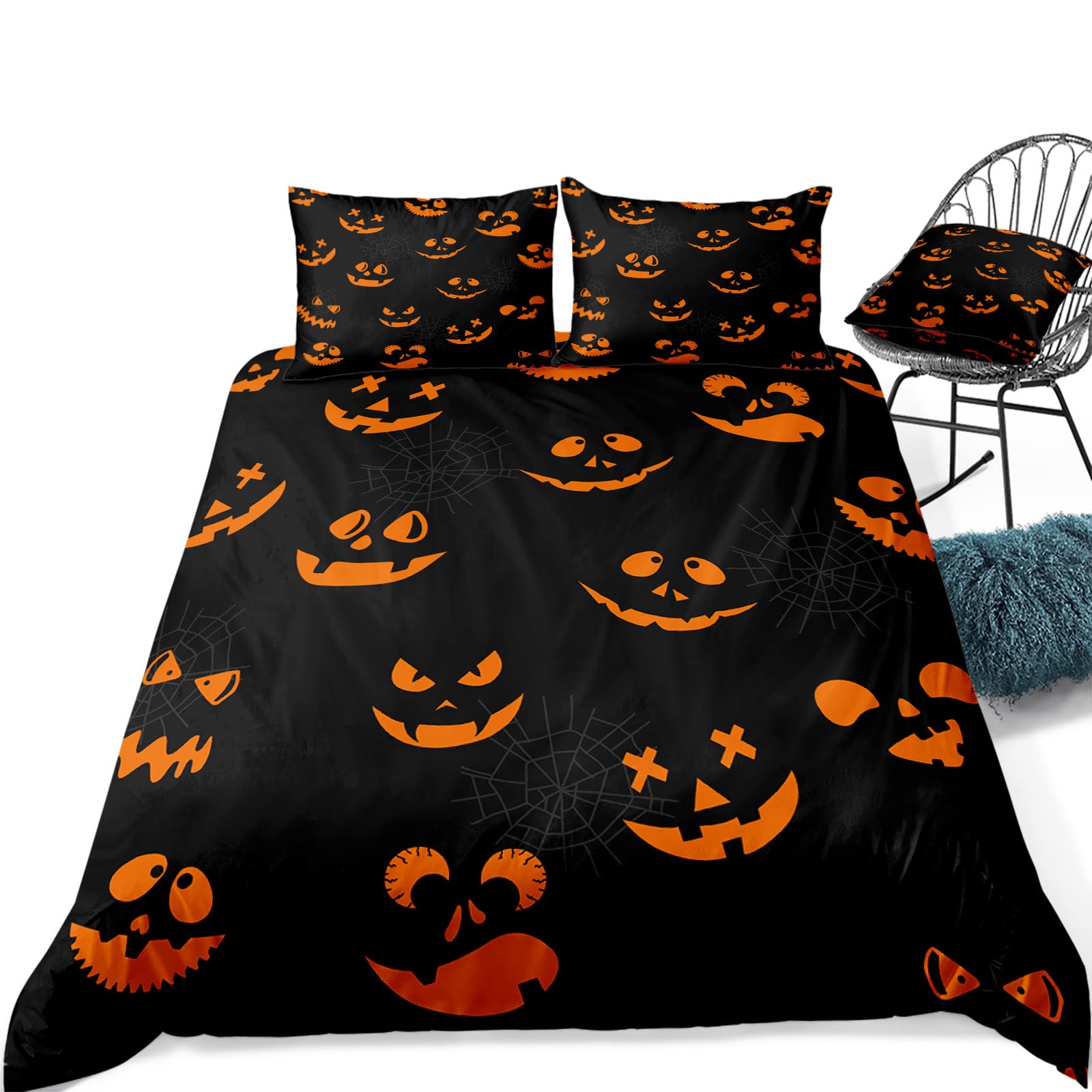 Bedorm Halloween Duvet Cover Set Orange Pumpkin Bedding Set Cute Pumpkin Ghost Cartoon Pattern Happy Halloween Decor Bedding King with 2 Pillowcases