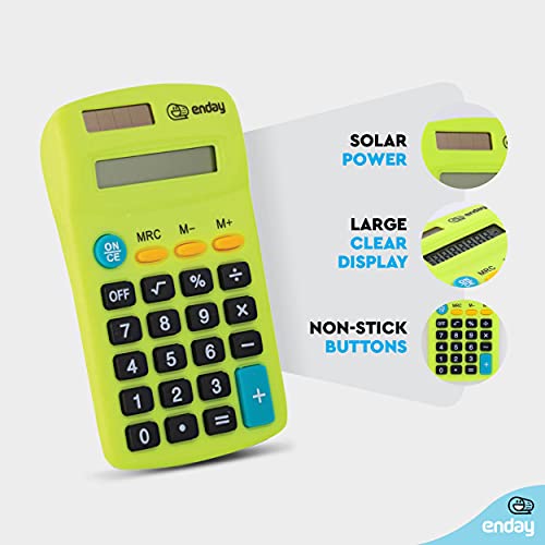 Calculator Green, Basic Small Solar and Battery Operated, Large Display Four Function, Auto Powered Handheld Calculator School and Kids Available in Blue, Red, Purple, Grey, Pink, 1 PK β by Enday