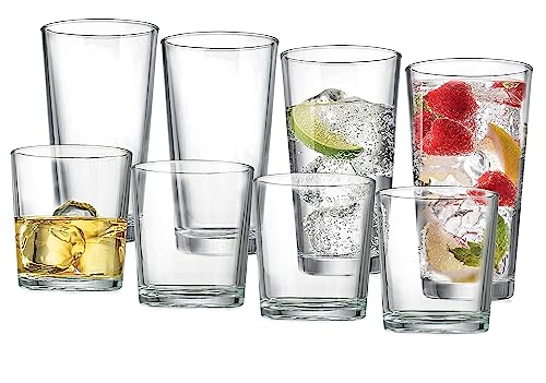 Glaver's Drinking Glasses Set of 8 Mixed Glassware Set, 4 Highballs 17 Oz., 4 Whiskey Glasses 13 Oz., Great For Cocktail Whisky and other Beverages. Dishwasher Safe.