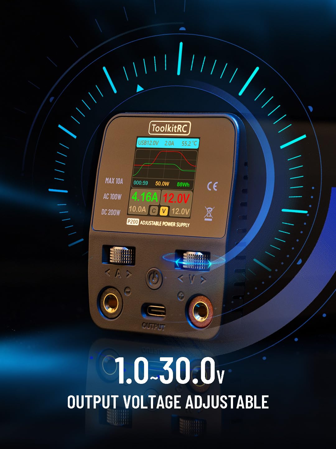 NEW ToolkitRC P200 V2 Mini 30V Supply AC100W DC200W 10A GaN Adjustable Mini Desktop Power Supply USB Output 4.0mm banana female port with TypeC 65W Output fast charging