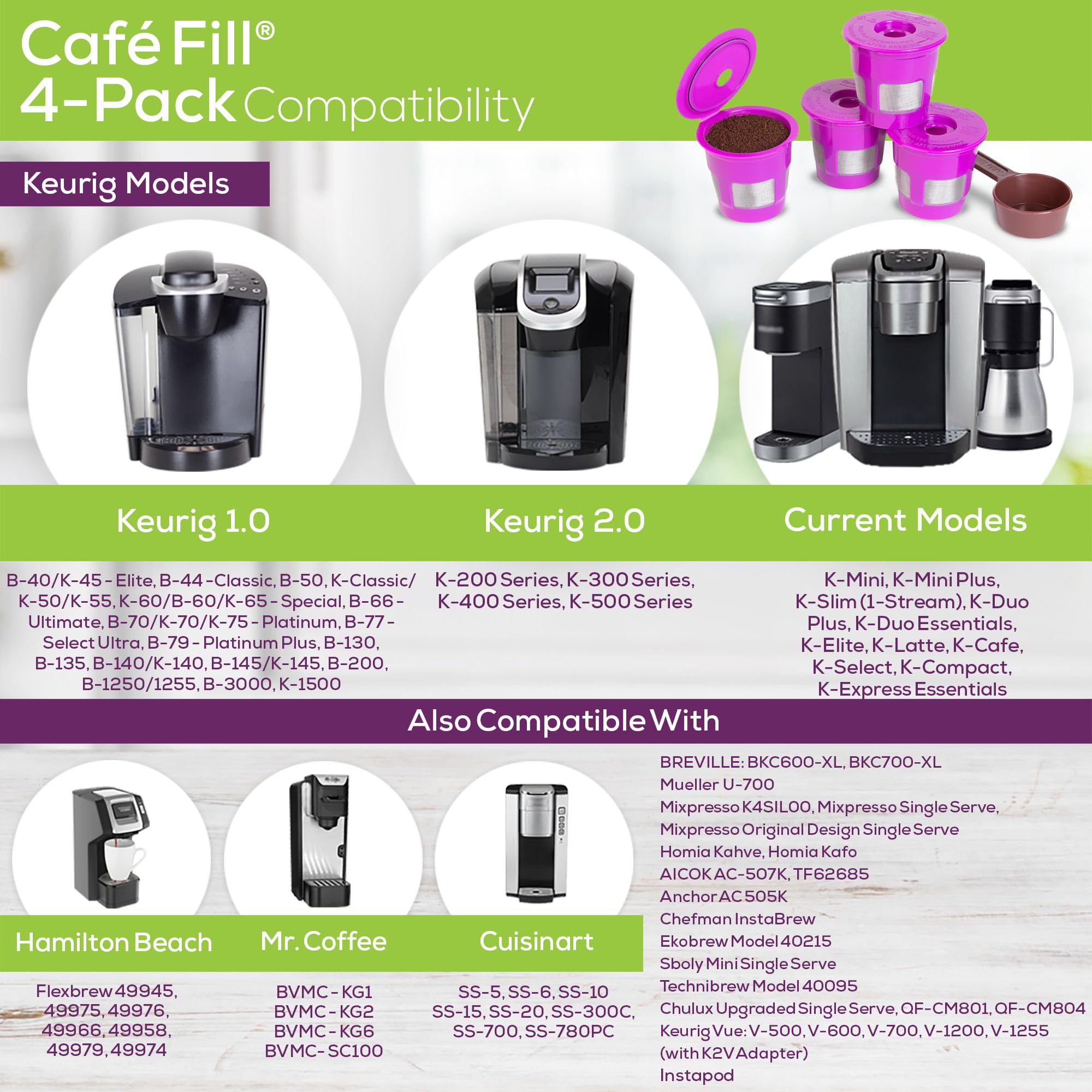 Cafe Fill 4-Pack Reusable Refillable Coffee Pod Filter Capsules Plus Coffee Scoop by Perfect Pod - Compatible with Keurig and Select Single Serve Coffee Makers, Replacement for K-Cups