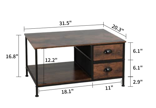 SENIG Coffee Table with Drawers, Coffee Table for Living Room, 2-Tier Coffee Tables with Storage Drawers,Brown Coffee Tables for Small Spaces, Rectangle Wood Ttable, Metal Side End Table
