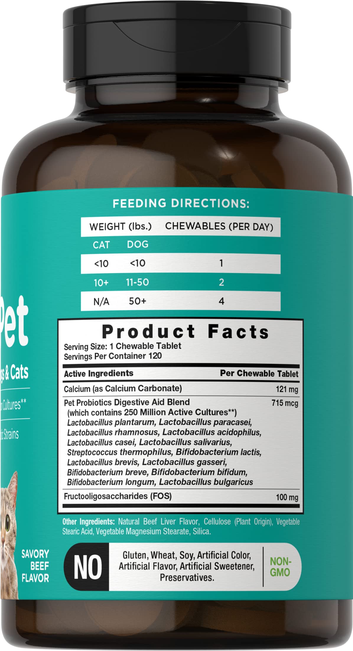 Horbäach Probiotics for Dogs & Cats | 120 Chewable Tablets | Digestive Aid | with 14 Probiotic Strains | Savory Beef Flavored Pet Supplement | by River & RULA