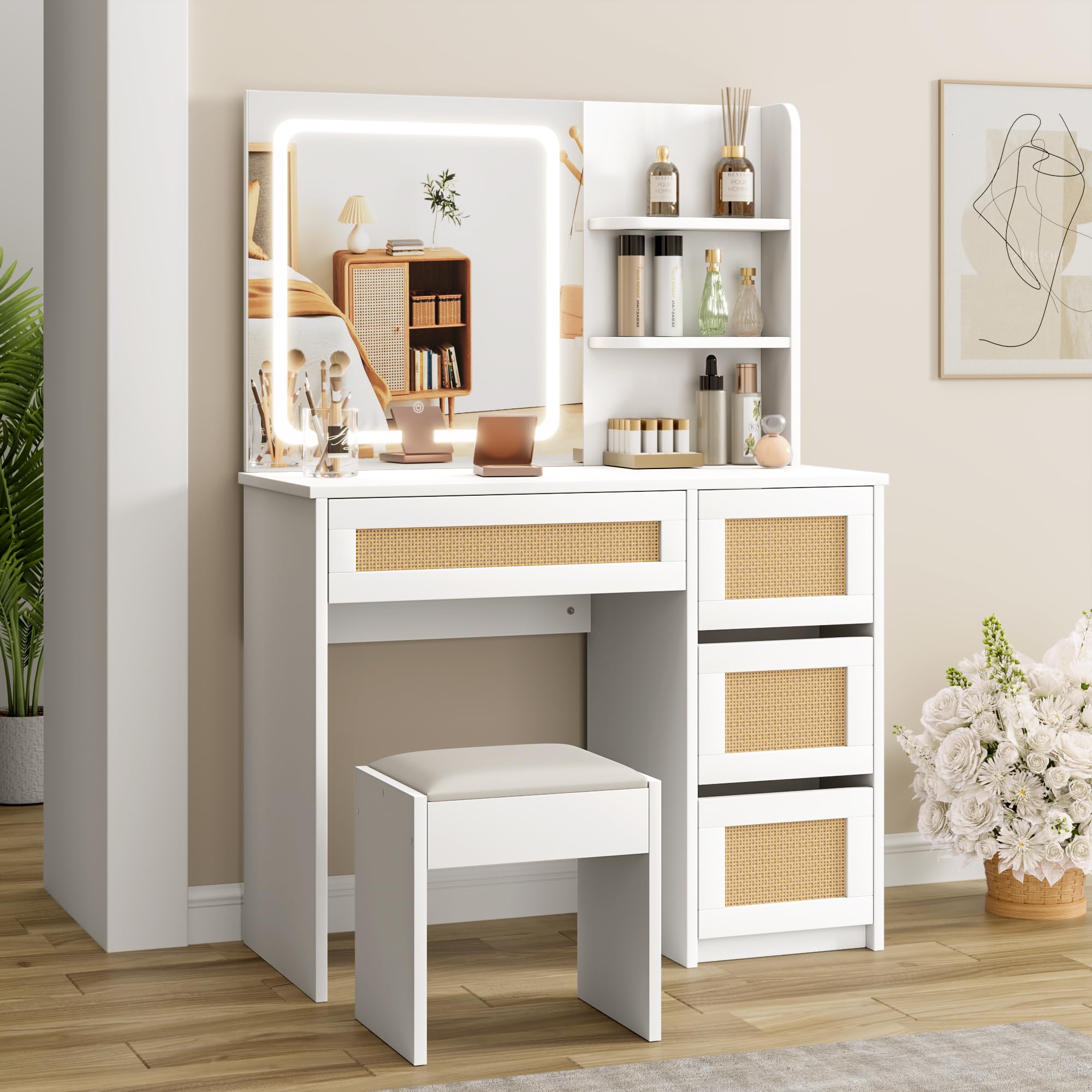 GAOMON Rattan Vanity, Makeup Vanity Desk with Mirror and Adjustable LED Light, Large Storage Space with 4 Drawers and 2 Tiers of Open Shelves for Bedroom in White