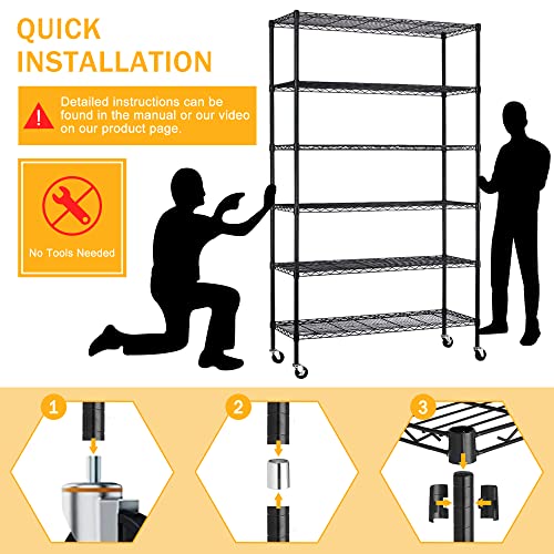 Payhere Wire Shelving Units and Storage, 6 Tier Heavy Duty Shelves for Garage Storage w/Wheels, 82"x48"x18" Metal Wire Shelf Storage Rack NSF Shelves Organizer for Restaurant Garage Pantry Kitchen