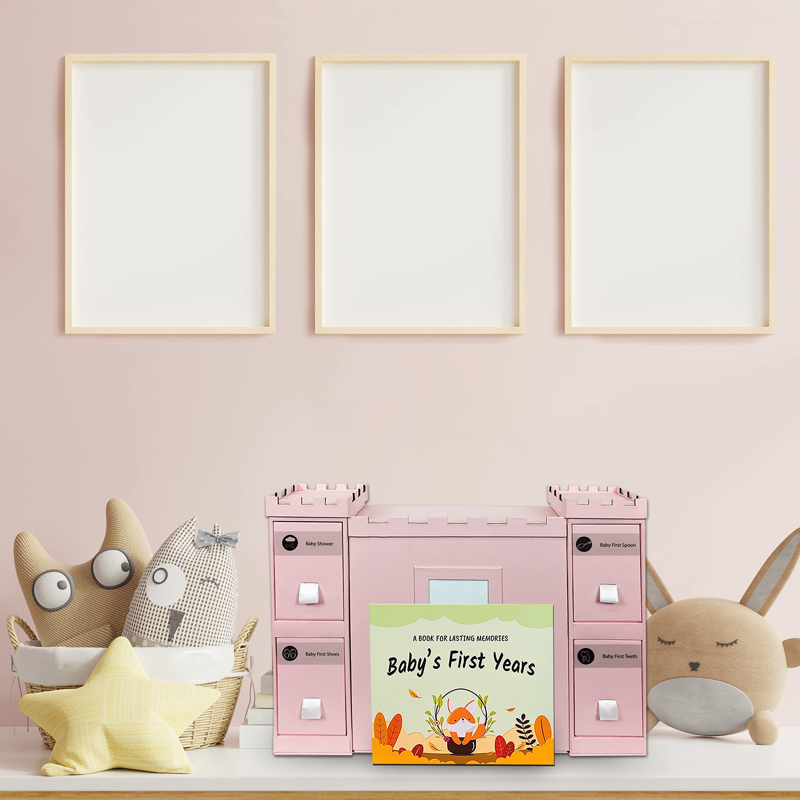 Baby Keepsake Box Castle for Boy or Girl with Multiple Baby Keepsake Storage Organizer Drawers, with Baby Memory Book Keepsake Album for Photo Scrapbook and Milestones, First Year+, Keepsakes Label