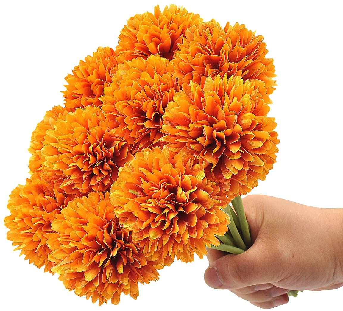 Fantasy Gardens Artificial Fake Flower Plants Silk Chrysanthemum 10Pcs DIY Ball Hydrangea Arrangements Wedding Bouquets Decor Home Kitchen Garden Party Table (Orange)