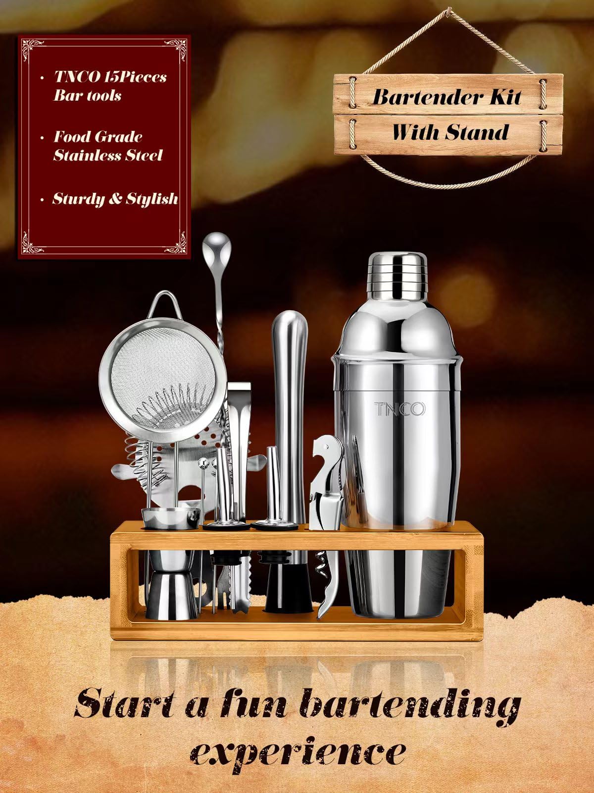 Bartender Kit, TNCO Cocktail Shaker Set with Stand,Bar Set Drink Mixer Set with All Essential Bar Accessory,Martini Mixer Cup with Muddler,Jigger, Strainer,Ice Tongs,Spoon,Liquor Pourers,Ice Filter