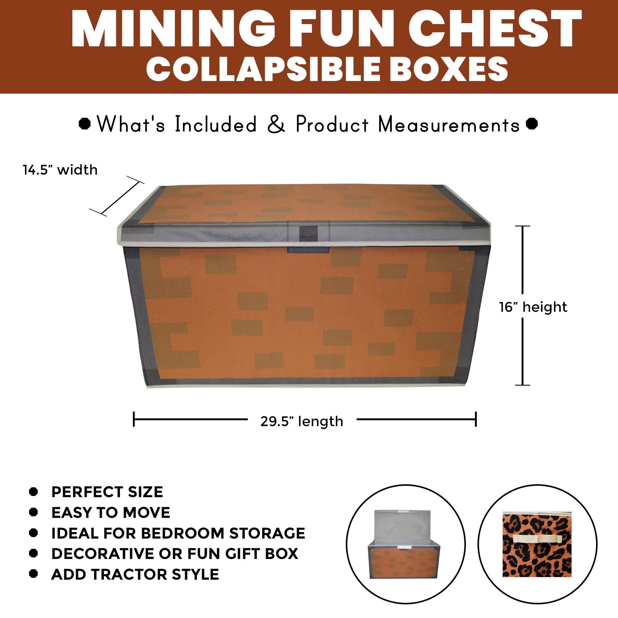 Blue Orchards Mining Fun Chest Collapsible Boxes, Mining Fun Pixel Decorations, Mining Fun Birthday Supplies Chest for Boys and For Girls, Storage Organizer Boxes