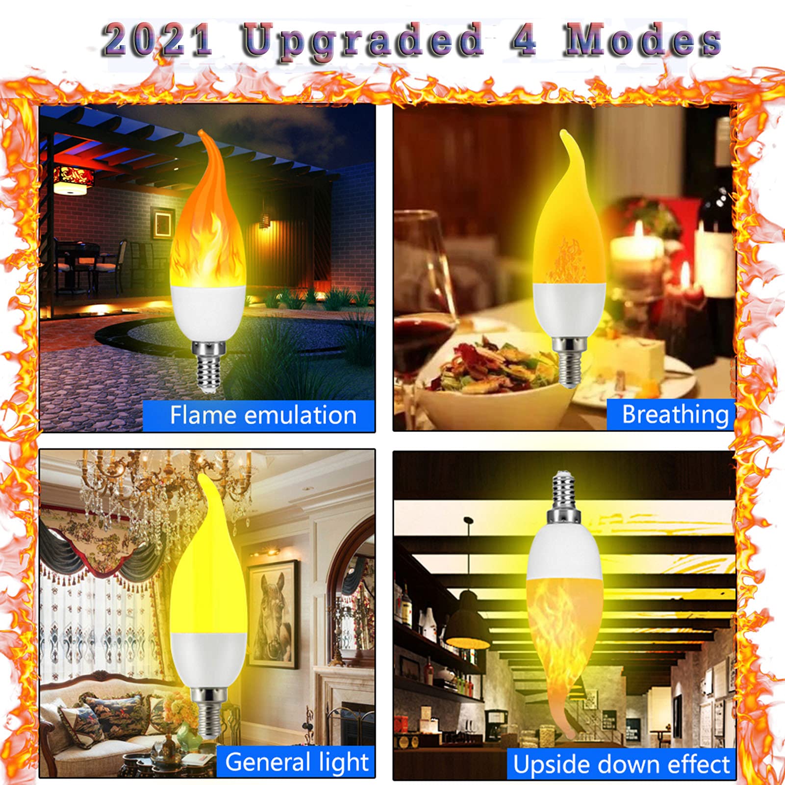 Artistic Home Xmas Decor Flame Light Bulbs - 2019 Upgrade 4 Modes Flame Effect Light Bulbs - E12 LED Flickering Candelabra Light Bulbs for Xmas/Indoor/Outdoor/Hotel/Party/Bar Decorations(2 Packs)