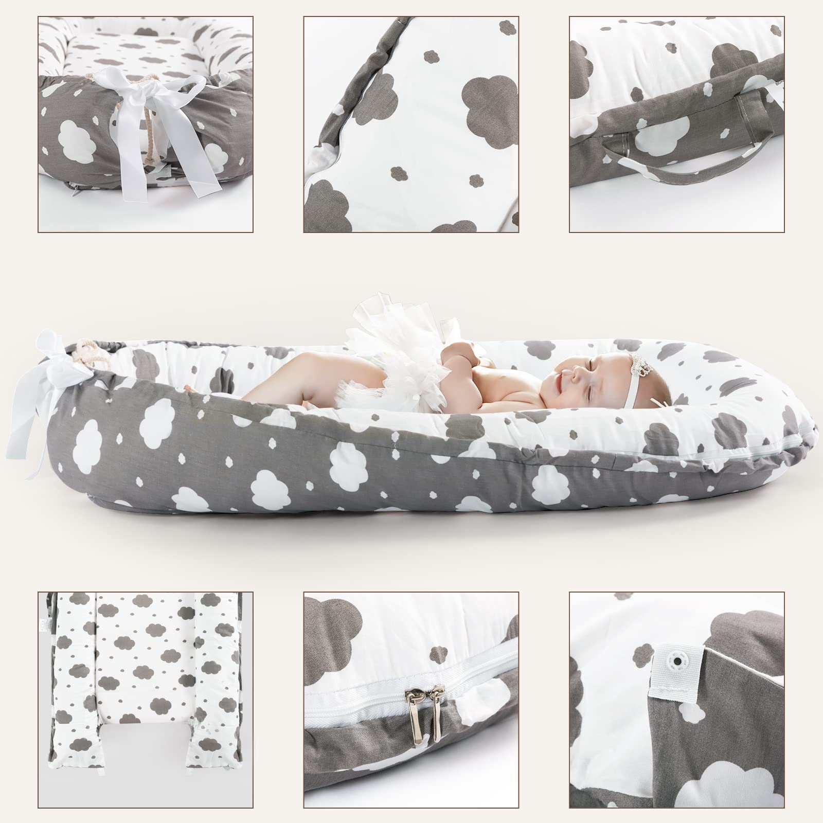 Baby Lounger Baby Nest Co Sleeping 100% Cotton Breathable Cover Sleeping Bed Cover for Newborn Nest Co Sleeping Bed Machine Washable,Grey Cloud