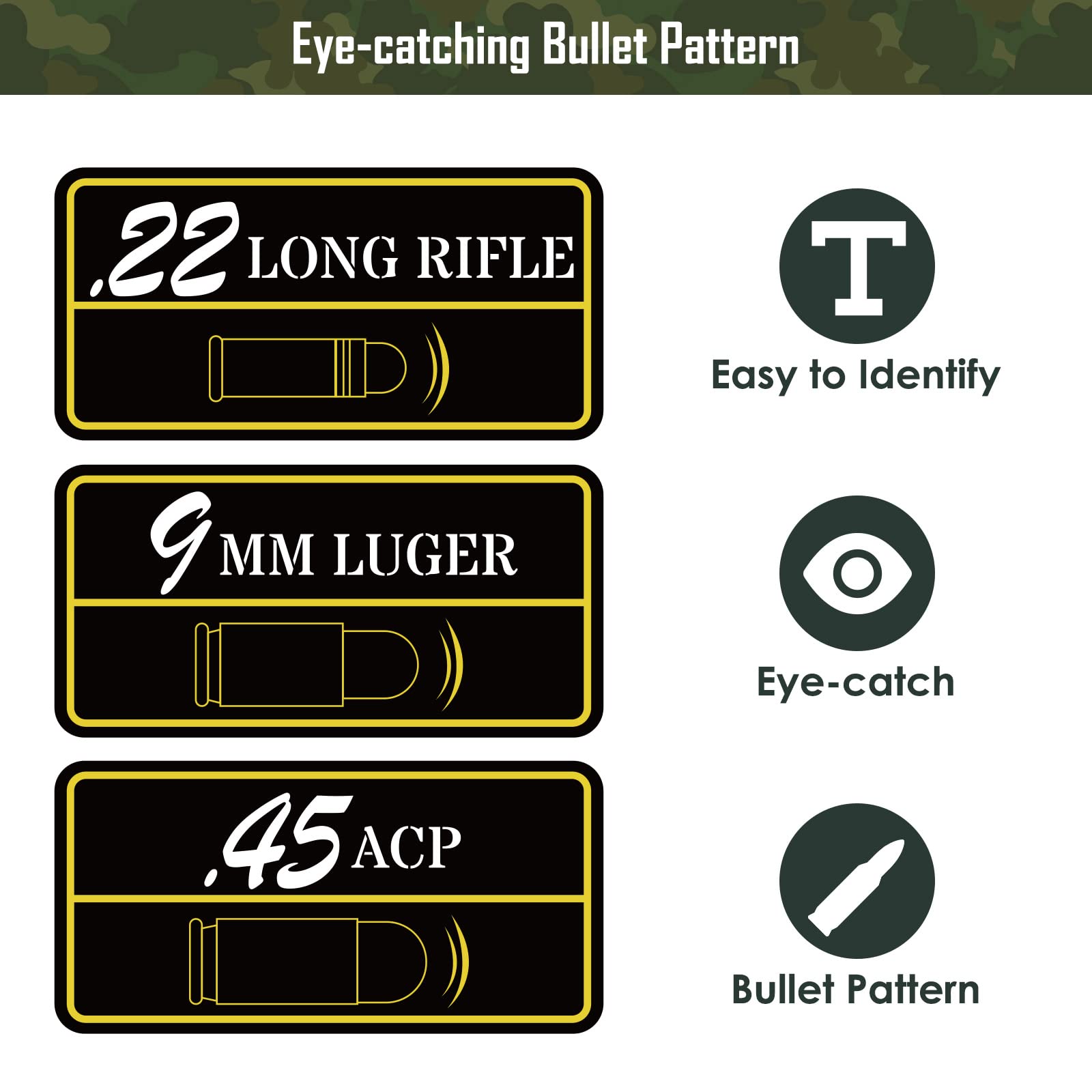 Aolamegs Pistol Ammo Can Sticker Set - .22 LR .45 AUTO 9MM Luger .357 Mag .40 S&W .380 AUTO Ammo Caliber Sticker, Black Bullet Pattern Vinyl Decal Ammo Can Labels for Box Case(6 Varieties/30 Pack)
