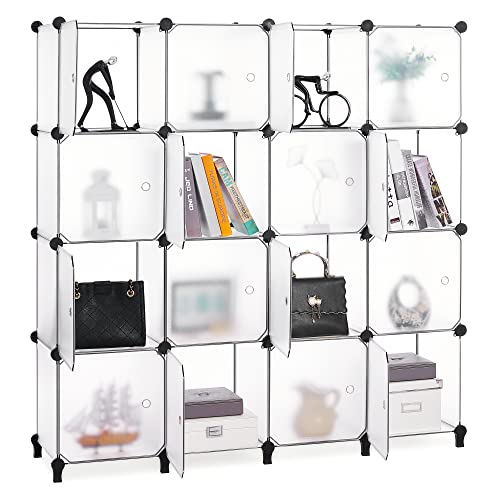 ANWBROAD Cube Storage Organizer, 16-Cube Modular DIY Book Shelf with Doors, Closet Clothes Organizer, Plastic Storage Cubbies Cabinet for Living Room Bedroom Office White ULCS16TM