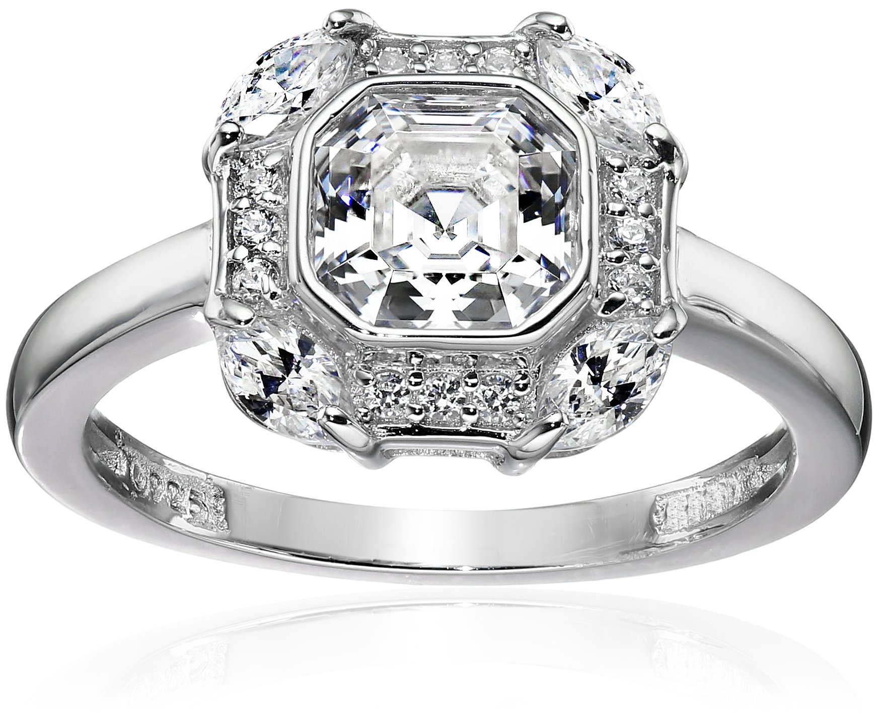 Amazon Essentials Platinum-Plated Sterling Silver Celebrity "Pippa" Infinite Elements Cubic Zirconia Asscher Cut Antique Ring, Size 8, (previously Amazon Collection)