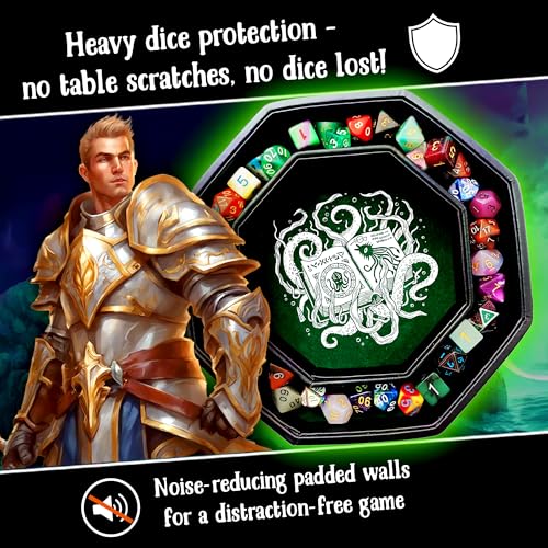 Fantasydice-Cthulhu Tome-Green - Dice Tray - 9" Octagon with Lid and Dice Staging Area- Holds 5 Sets(7 Dice Set/Standard) for All Tabletop RPGs Like D&D, Call of Cthulhu, Shadowrun.