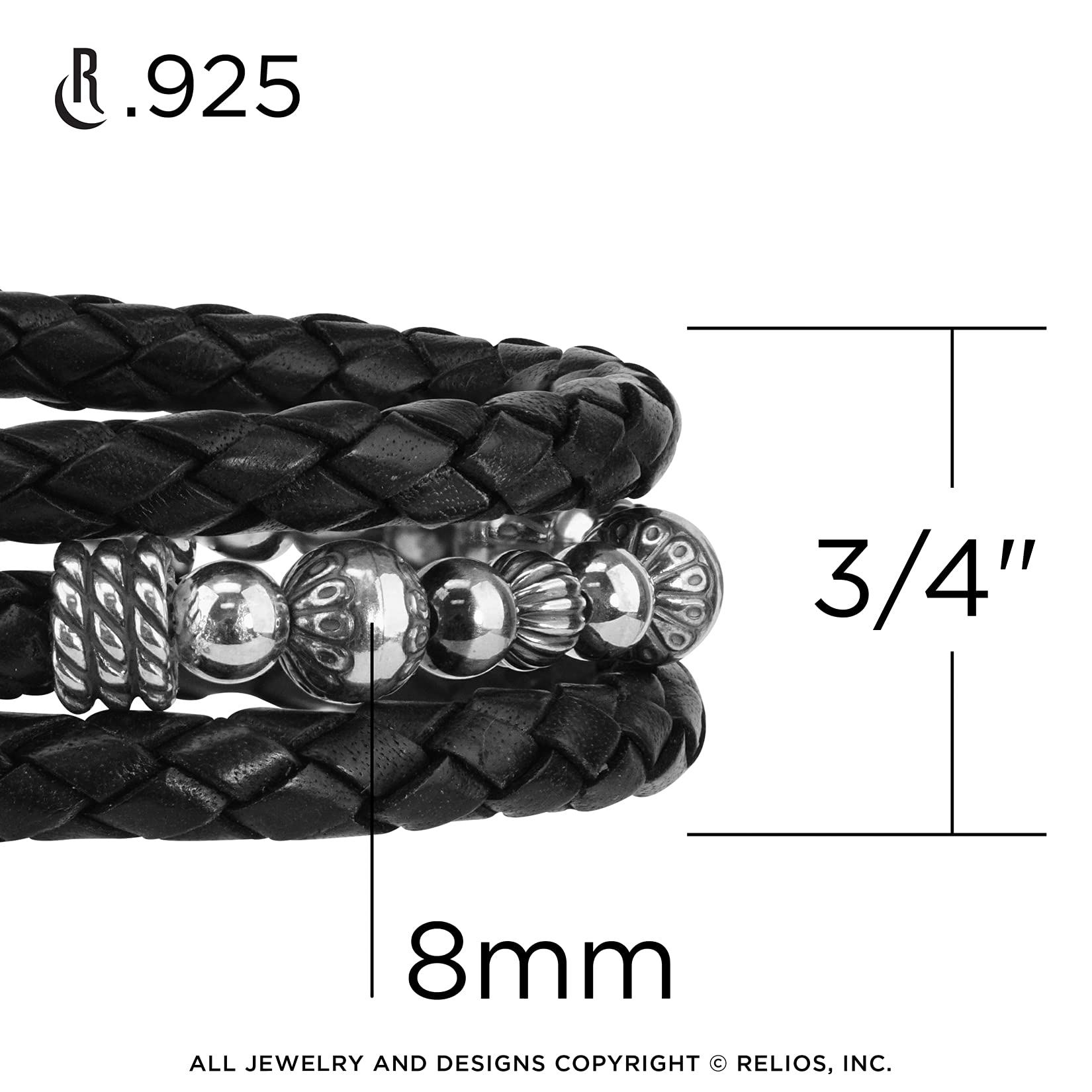 American West Sterling Silver Wrap Bracelet For Men & Women Silver Beaded Black Braided Leather One Size Fits Most
