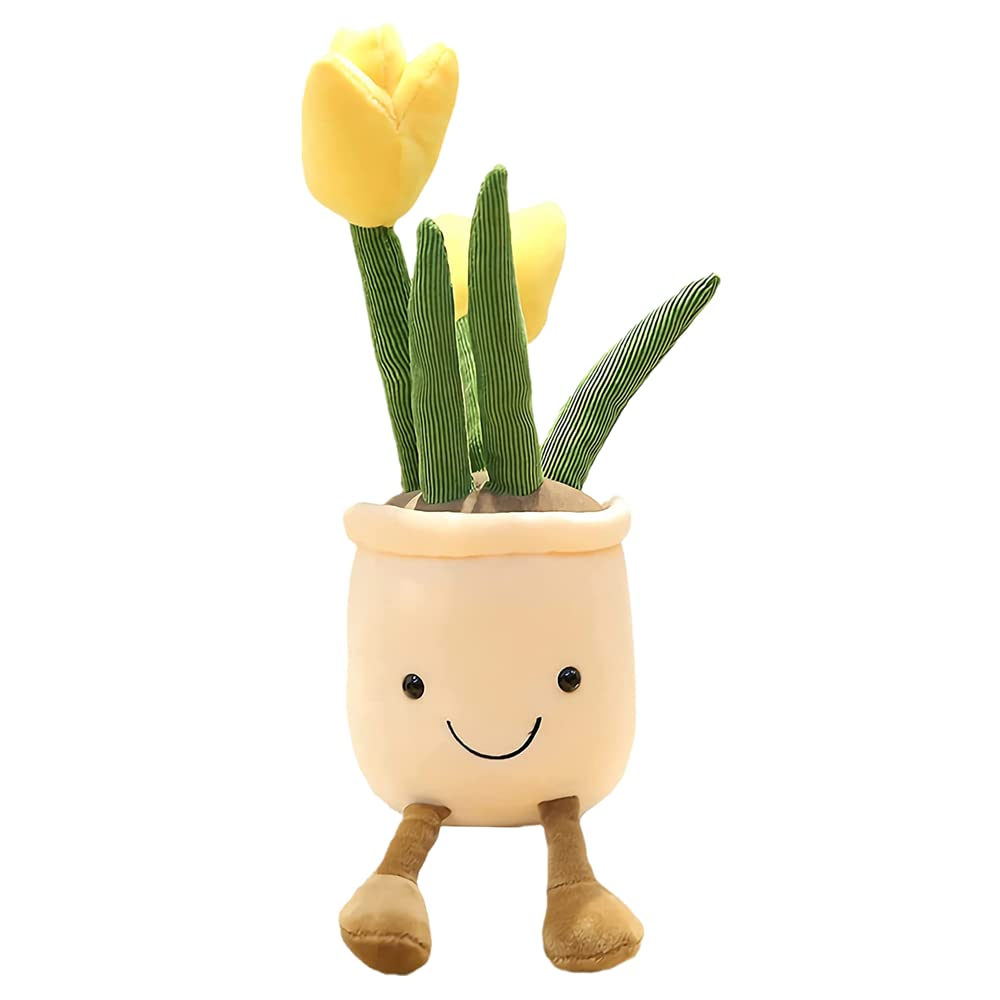 AUCOOMA Stuffed Tulip Plush Toy, Soft Flower Pot Stuffed Plants Decoration Yellow, 13.8"