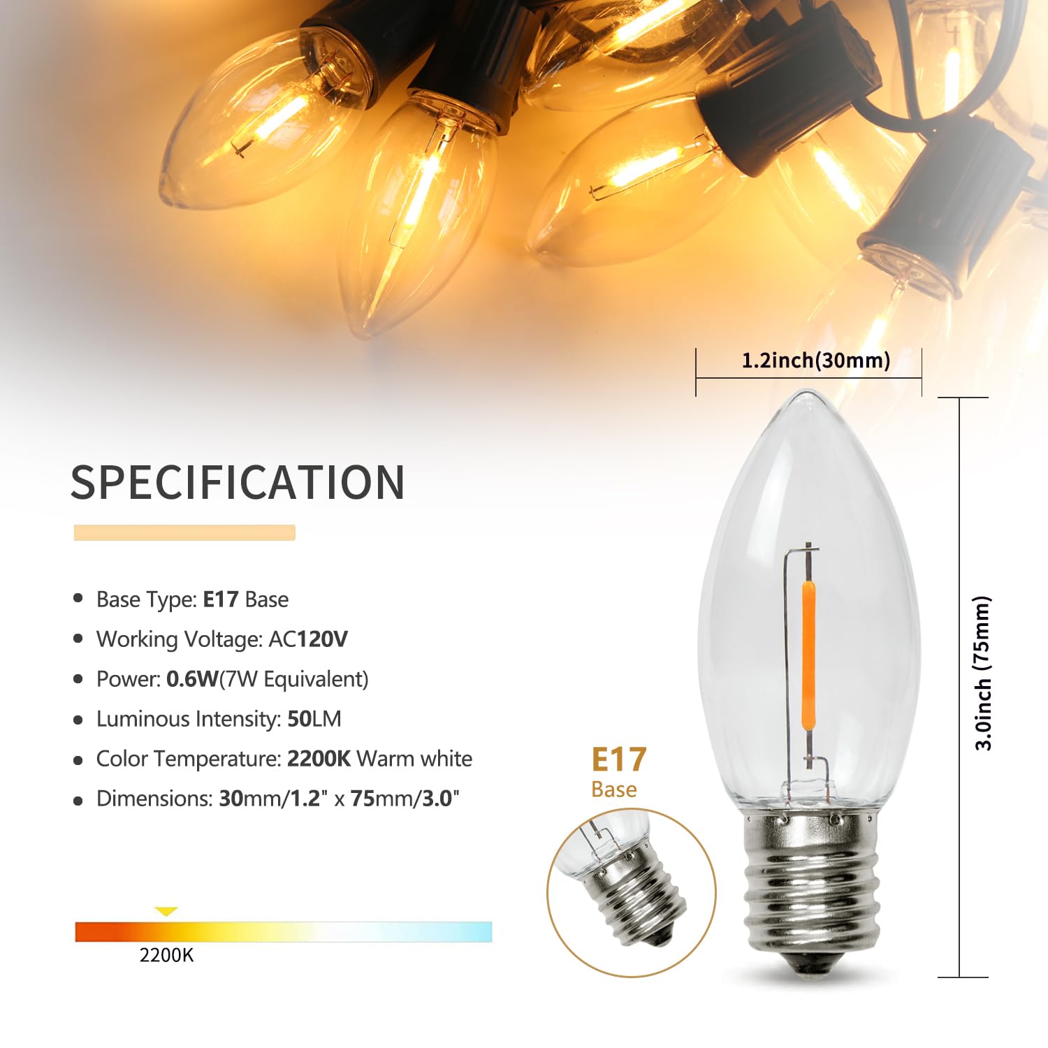 Austin Coast 25PACK LED Night Light Bulbs, C7 Candelabra LED Light Bulbs, E12 Chandelier Base, 0.6W Equivalent to 7W, Warm White 2200K,50LM Dimmable,Shatterproof & Waterproof Clear Plastic