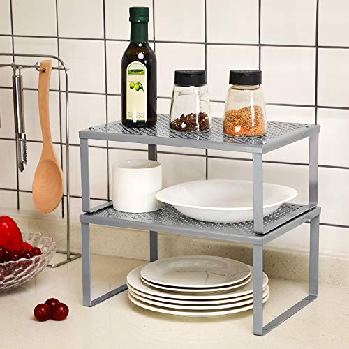 SONGMICS Cabinet Shelf Organizer and Kitchen Shelf Bundle, 4 Stackable Kitchen Cabinet Shelves, Expandable, White and Silver UKCS01WT and UKCS01SV