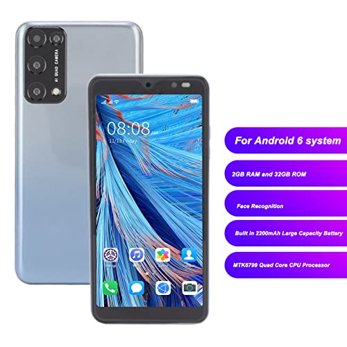 Diyeeni for Android 6 Smartphone, 5.45in Full Screen Cell Phone 2GB RAM 32GB ROM, 5MP Rear Camera Mobile Phone, for MTK6799 Quad Core CPU, 2200mAh Battery, Support Expansion 128GB(Gray)
