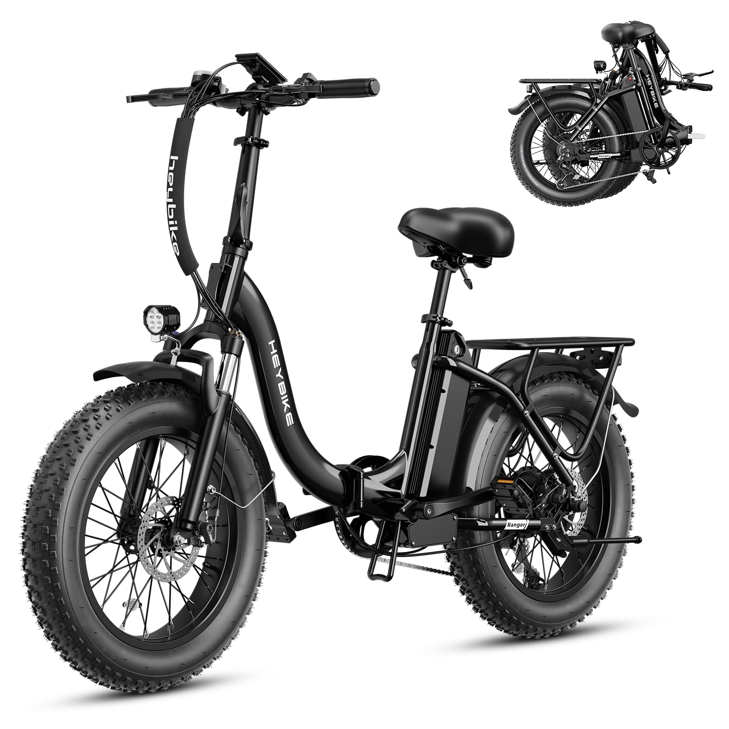 Heybike Ranger Electric Bike for Adults, Peak 1400W Upgraded Motor Ebike, 28MPH [20" Fat Tire All-Terrain] 600Wh Removable Battery Folding Step-Thru Moped E Bike with Front Suspension