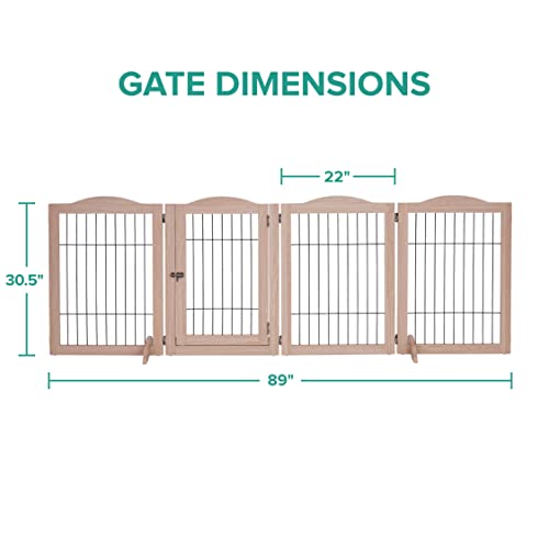 Arf Pets Freestanding Dog Gate with Door, 4 Panel 360° configurable Wooden Wire Fence, 89" Wide, 31.5" Tall, Foldable, Support Feet Included, for The House - Indoor Use