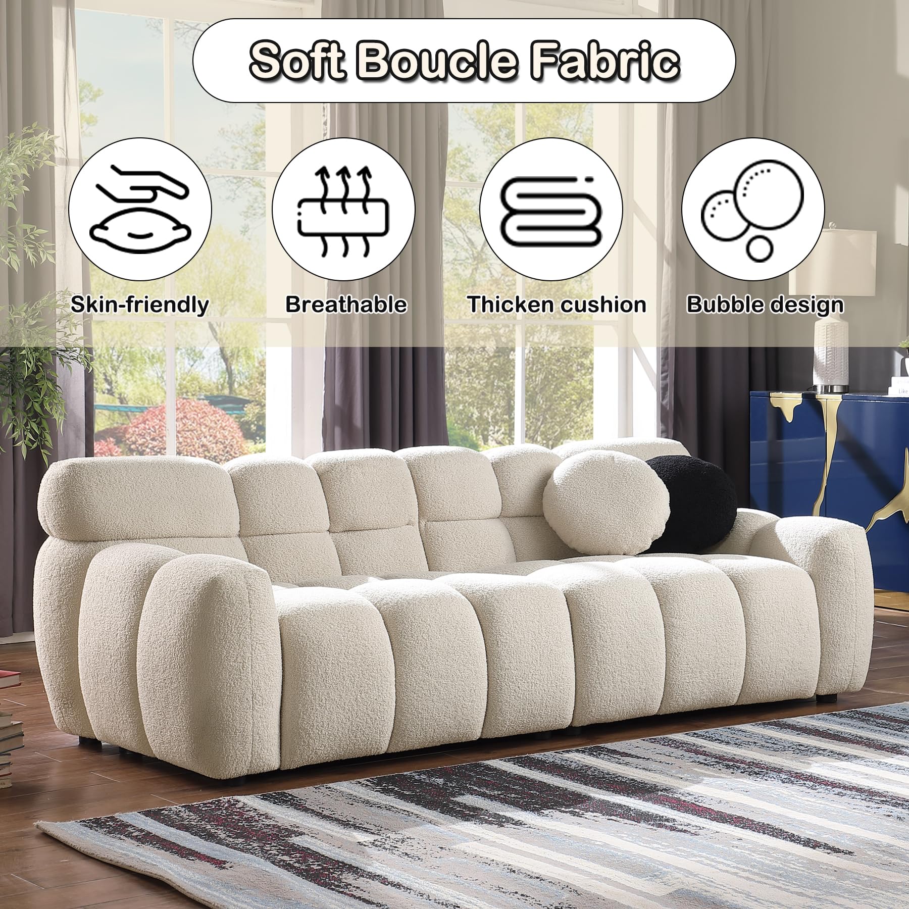AZSJML 2 Piece Boucle Cloud Sofa Set, Modern Upholstered Sherpa Deep Seat Couch Loveseat, Comfy 3 Seater and 2 Seater Tufted Teddy Couch with Pillows for Living Room, Bedroom Apartment Office, Black