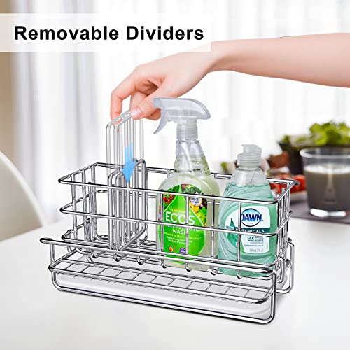 FUMAX Kitchen Sink Caddy Organizer, Sponge Holder for Kitchen Organization, Dish Brush Soap Dispenser Holder with Drain Tray, Rustproof Stainless Steel Kitchen Soap Holder for Countertop