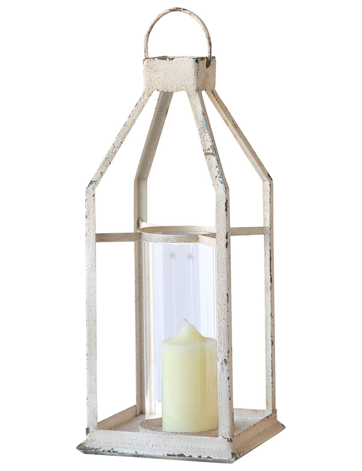 Farmhouse White Metal Lanterns 21" Decorative Hanging Candle Lantern, Rustic Distressed Candle Holder Outdoor Lanterns for Front Porch Floor, Patio or Wedding