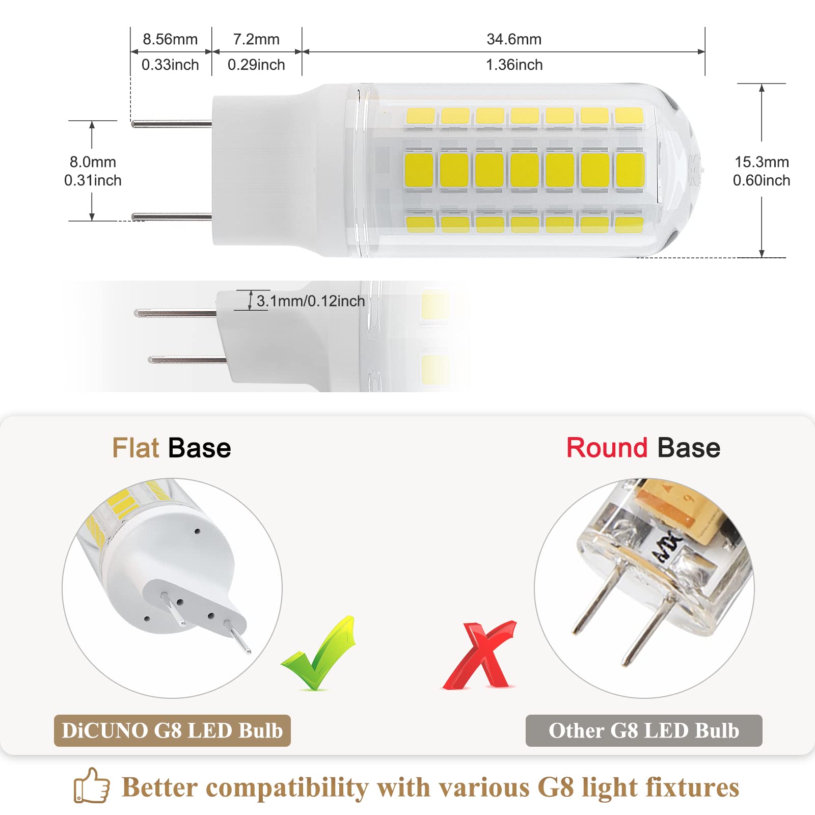 DiCUNO G8 LED Bulb 4W Flat Base, 40W Halogen Equivalent, 450LM, Daylight White 5000K, Non-dimmable Bi-Pin Replacement Bulb for Under Counter, Under-Cabinet Light and Puck Light, 6-Pack