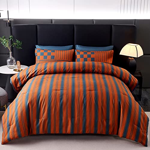 ZRNBAST Boho Queen Size Comforter Set 7PC Striped Navy Blue & Burnt Orange, Colorblock Terracotta Striped Bedding Comforter Sets Rust Fluffy Bed in a Bag (Queen, Rusty-Navy)