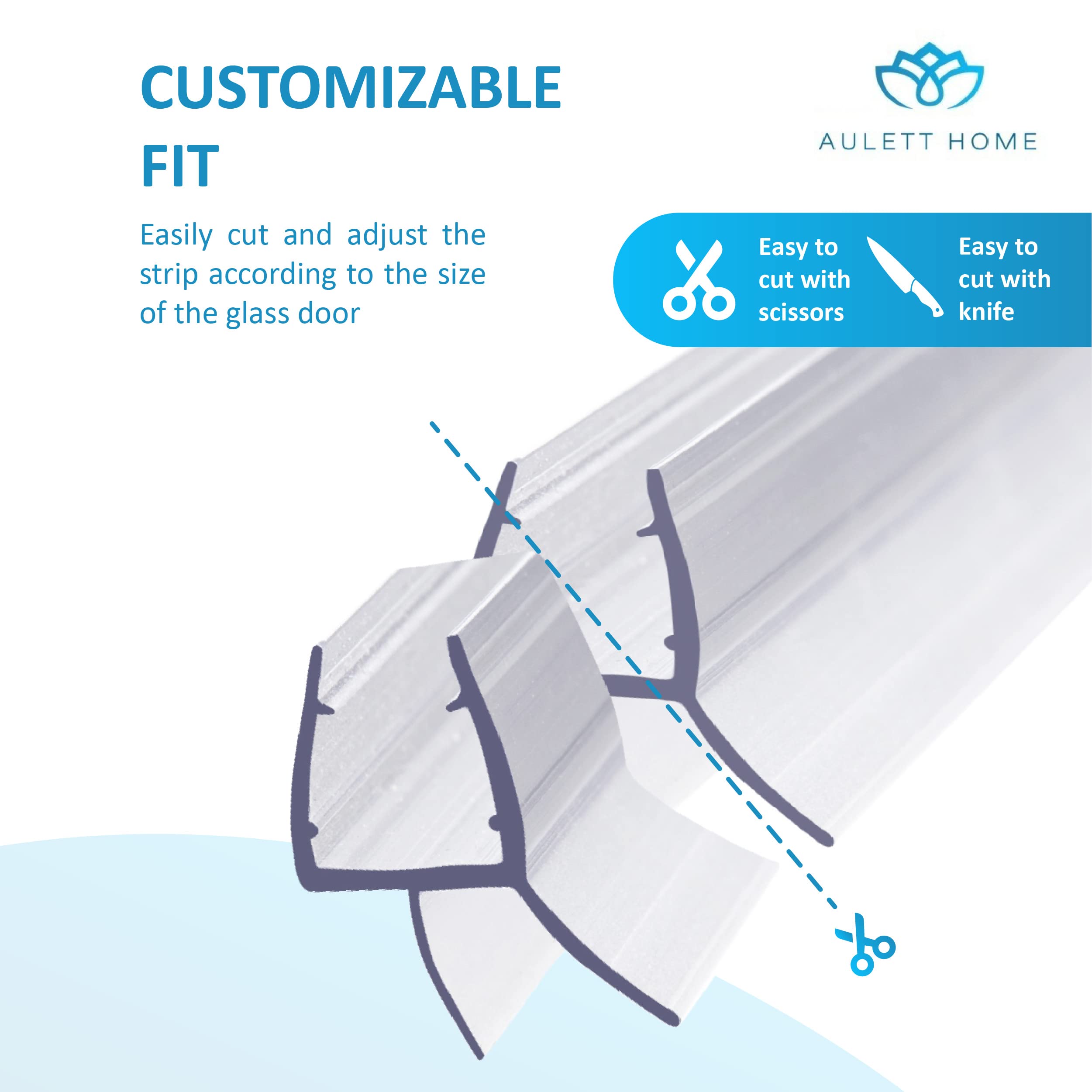 Aulett Home Frameless Shower Door Bottom Seal with Drip Rail - 3/8" x 36" Sweep - Glass Door Seal Strip to Stop Shower Leaks