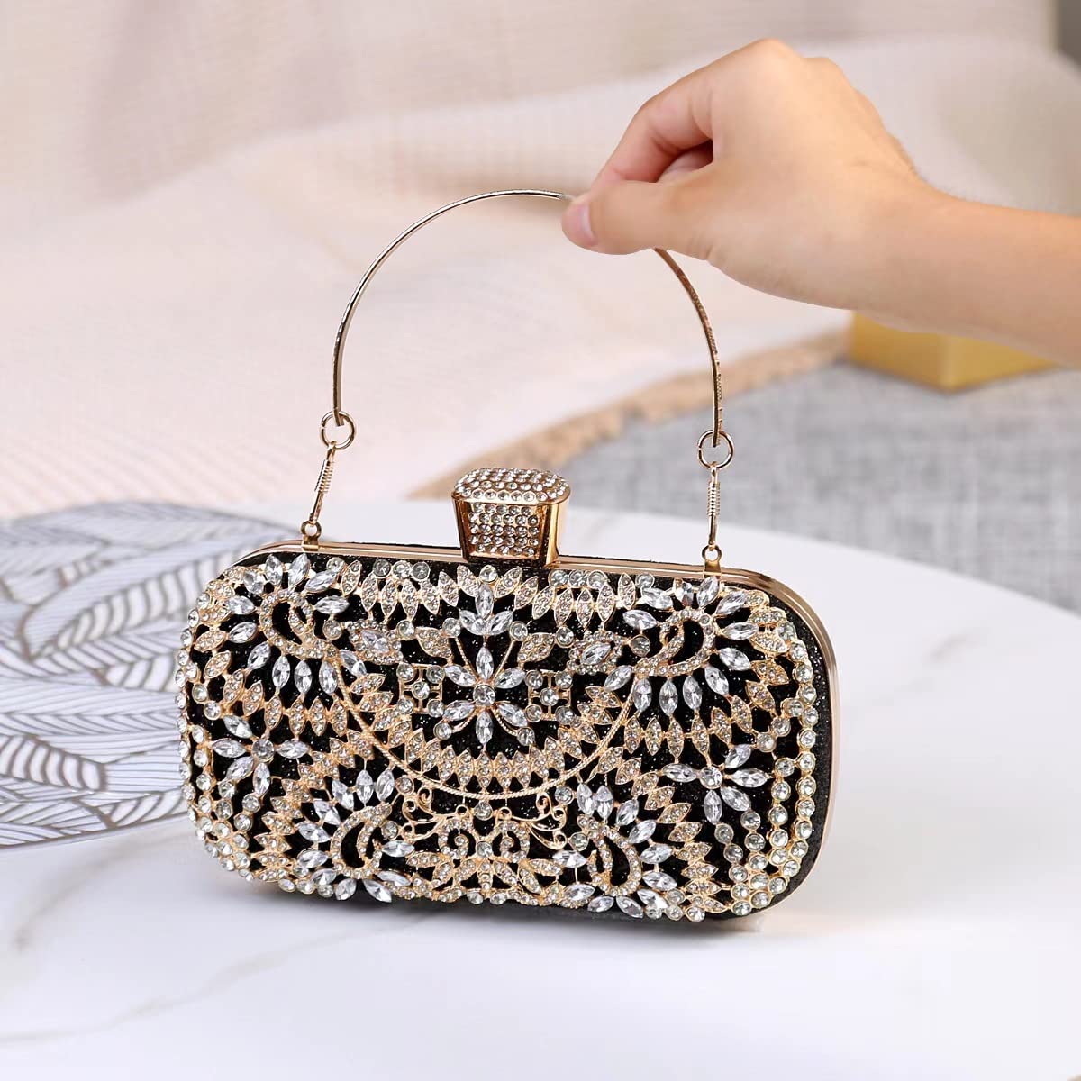 FIVE FLOWER Evening Clutch Bags Purse Handbag for Women Wedding Prom Party (BLACK), Medium