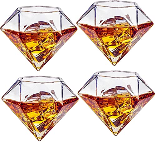 Set of 4 Diamond Whiskey & Wine Glasses 10oz - Wine, Whiskey, Water, Diamond Shaped, Diamonds Collection Sparkle Patented Wine Savant - Stands Alone, Or on Stand