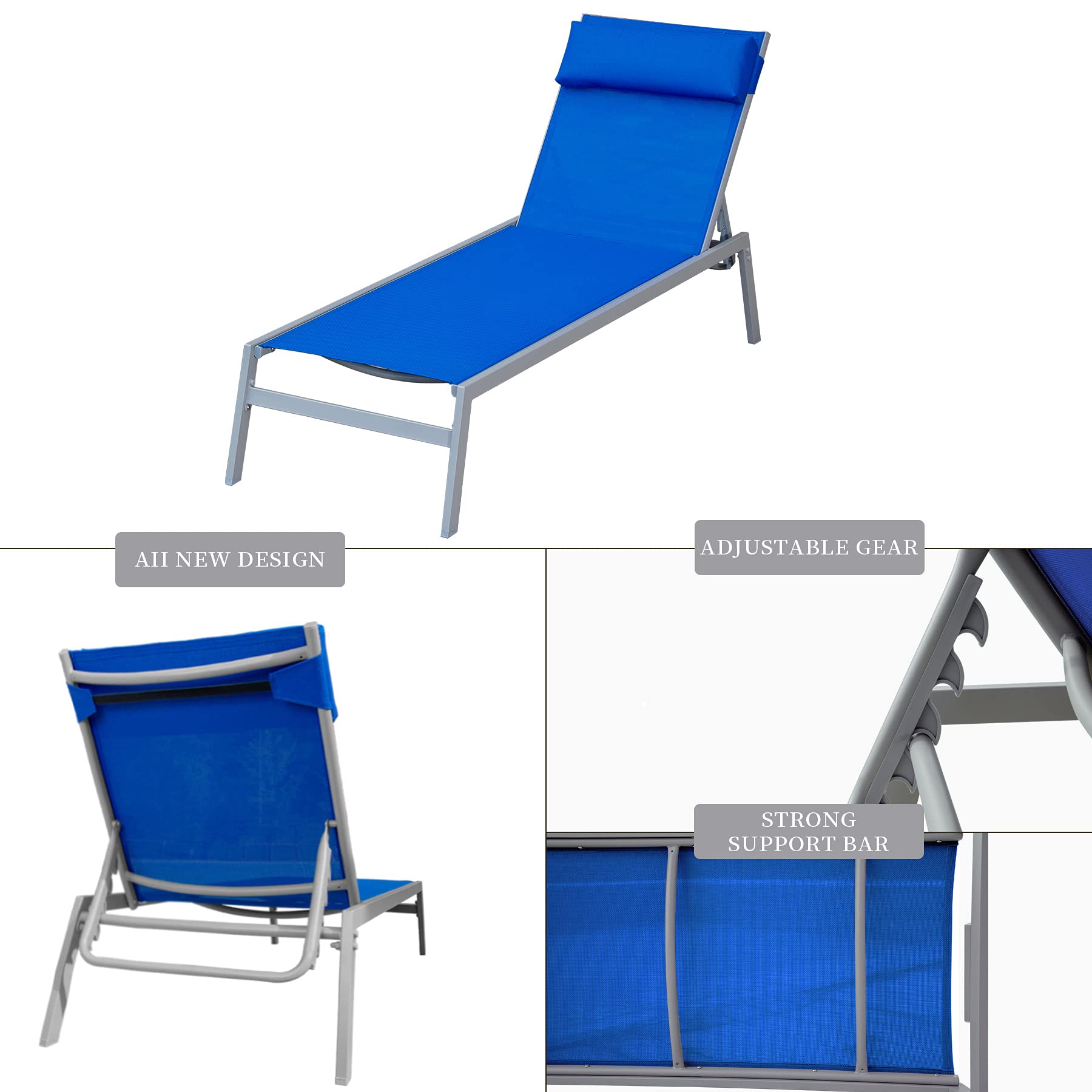 Domi 3 Pieces Adjustable Chaise Lounge Set Outdoor Patio Lounge Chair All Weather Five-Position Recliner Chair Set w/Coffee Table for Patio, Pool, Yard (Blue)