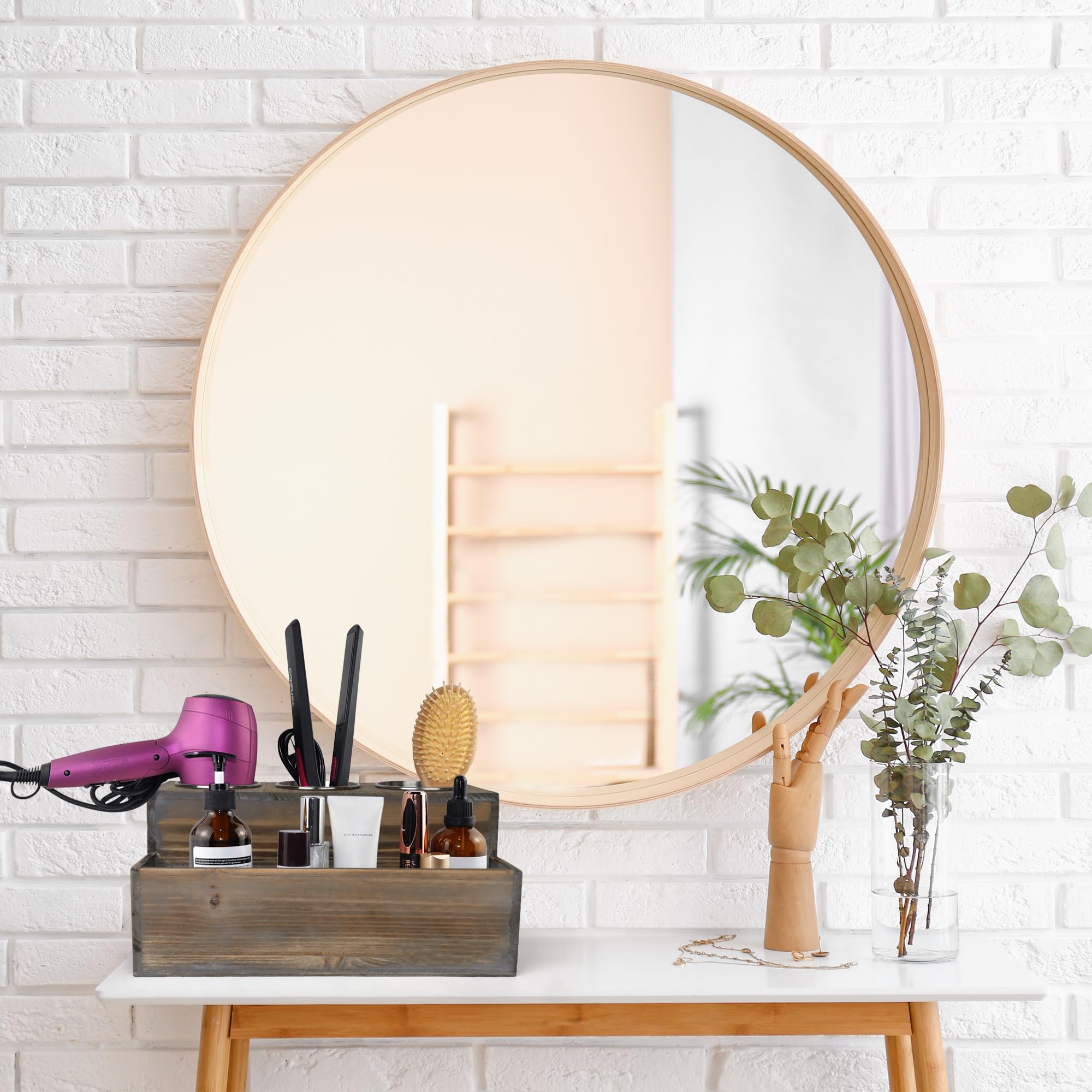 Besti Wooden Hair Dryer Holder β Hair Tools and Styling Supplies Organizer and Storage for Vanity and Bathroom - Natural Elegant Design - Multi-Functional Caddy for Accessories, Makeup, Toiletries