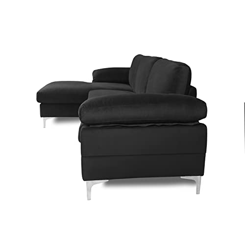 BENDIC Modern Velvet Fabric, L-Shape Couch with Extra Wide Chaise Lounge and Removable Cushions, Sectional Sofa for Living Room, Left Hand Facing,Up to 3 Seating Capacity,Black