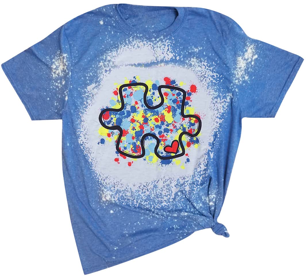 Autism Awareness T Shirt Women Autistic Support Graphic Tee Shirt Casual Puzzle Piece Bleached Tee Tops Bleached-Blue